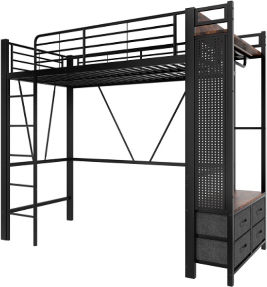 Hoogslaper, 90 x 200 cm, ijzeren frame, met droogstok, met legplanken ...