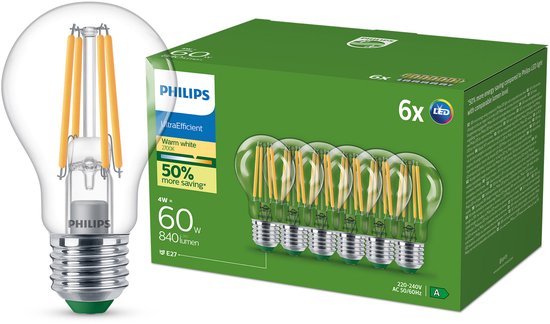 Philips UltraEfficient LED lamp Transparant - 60W - E27 fitting - Warmwit licht; 2700K... | bol