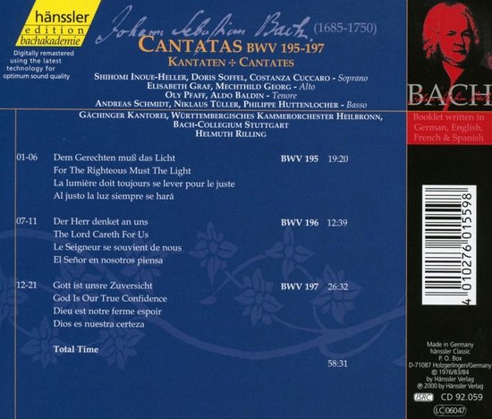 Bach-Ensemble, Helmuth Rilling - J.S. Bach: Cantatas Bwv 195-197 (CD ...