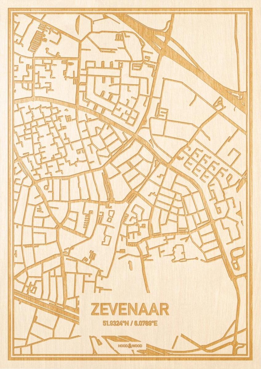Kaart Zevenaar - Gegraveerde stadskaart Hood&Wood - Hout, A4 | bol.com