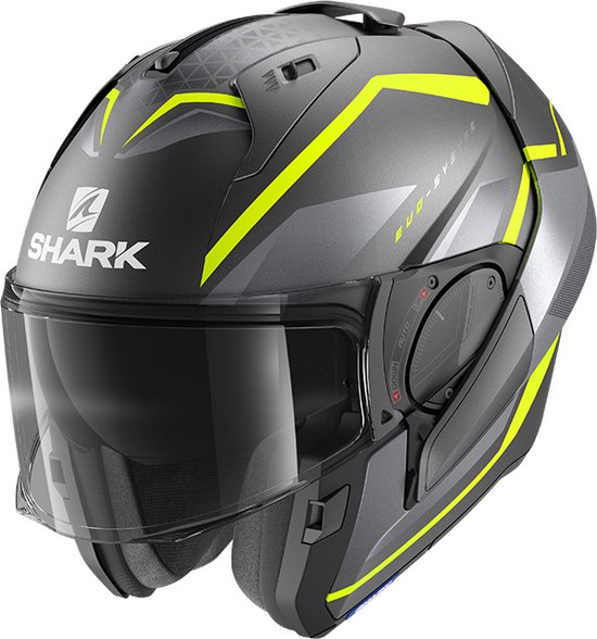 SHARK EVO ES YARI Motorhelm Systeemhelm Mat Antraciet Geel Zilver ...