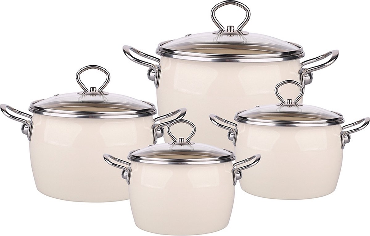 Silesia Balbina 8 delige emaille pannenset retro crème / beige - Pannen ...
