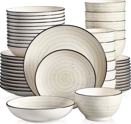 servies set - 48 stuks - Beige - Handgeschilderde Swirls steengoed ...
