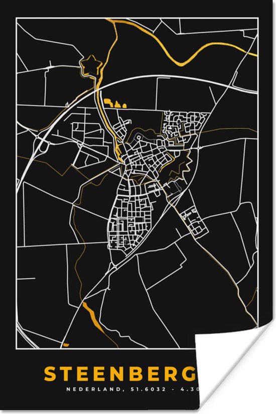 Poster Steenbergen - Kaart - Stadskaart - Black en gold - Plattegrond ...
