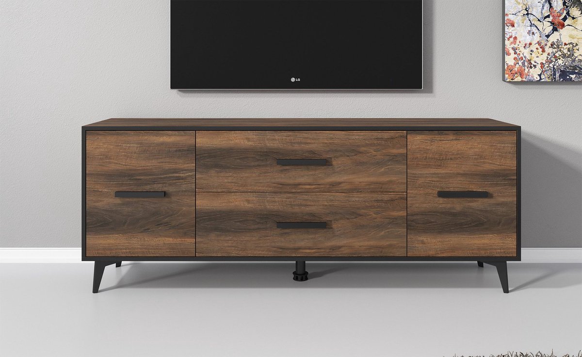 Meubella - TV-Meubel Frey 2 - Donker eiken - Zwart - 179 cm | bol.com