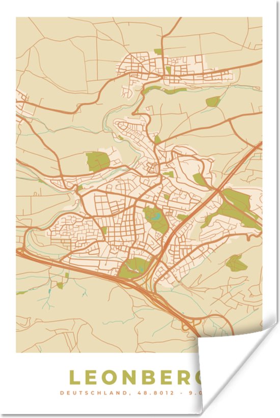Poster Plattegrond - Vintage - Leonberg - Kaart - Stadskaart - 60x90 cm ...