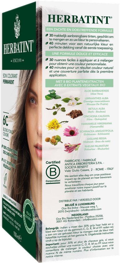 Herbatint 6C Donker As Blond - 100% biologische, permanente vegan ...