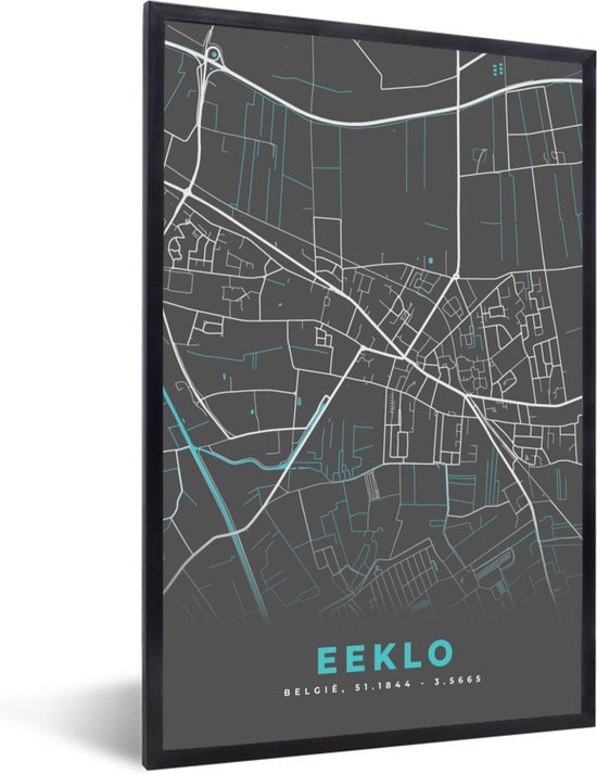 Fotolijst incl. Poster - België – Eeklo – Stadskaart – Kaart – Blauw ...