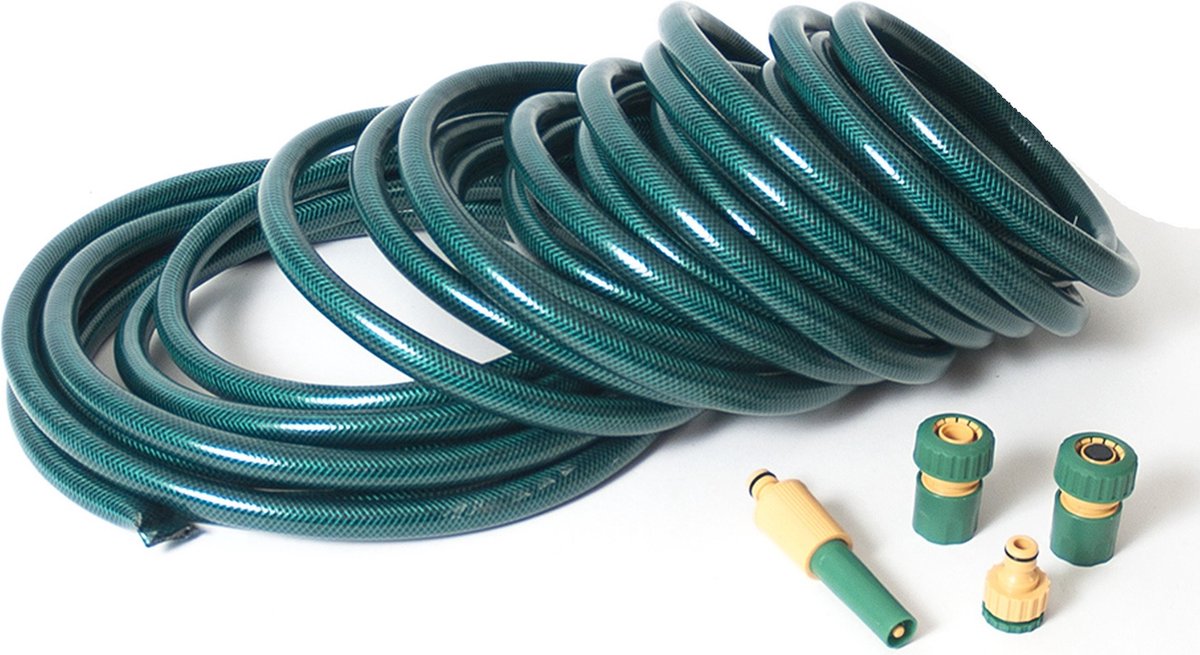 Groene tuinslang set met koppelingen en verstelbare spuit - 20 meter ...
