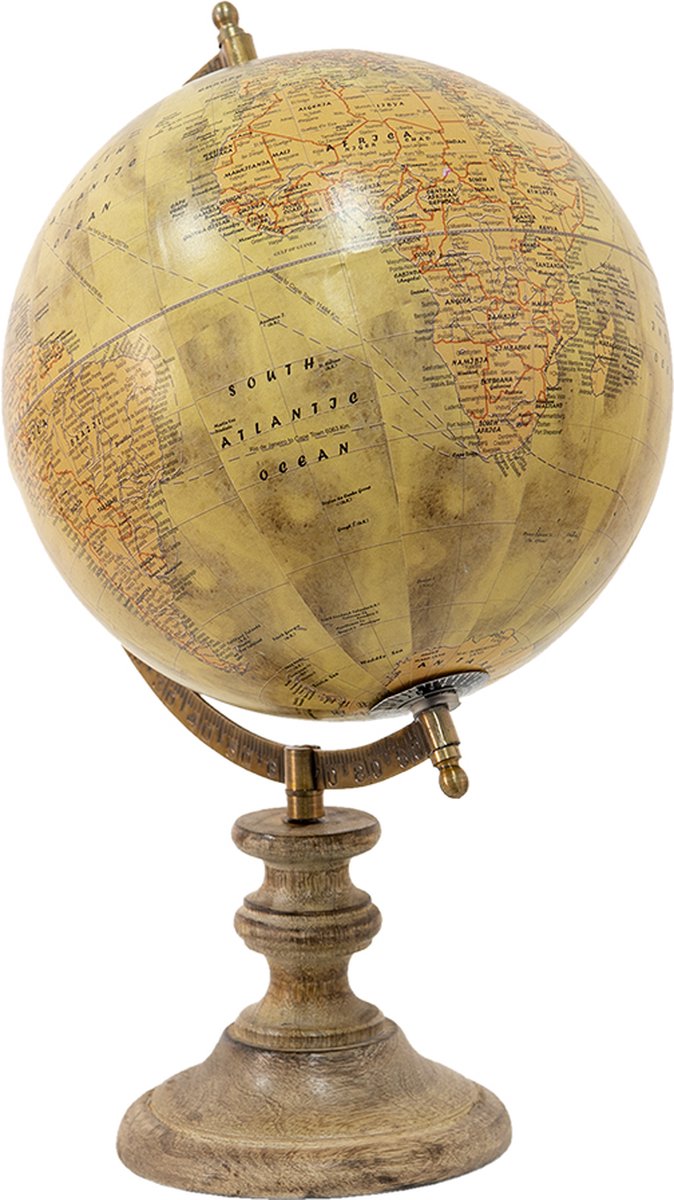 Clayre & Eef Wereldbol 22*35 cm Beige Roze Hout Ijzer Globe Aardbol ...
