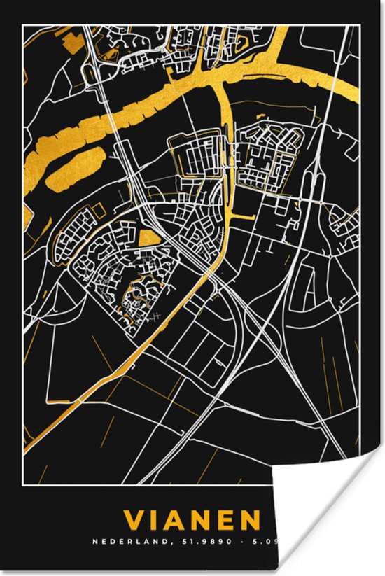 Poster Vianen - Black and Gold - Stadskaart - Plattegrond - Kaart ...