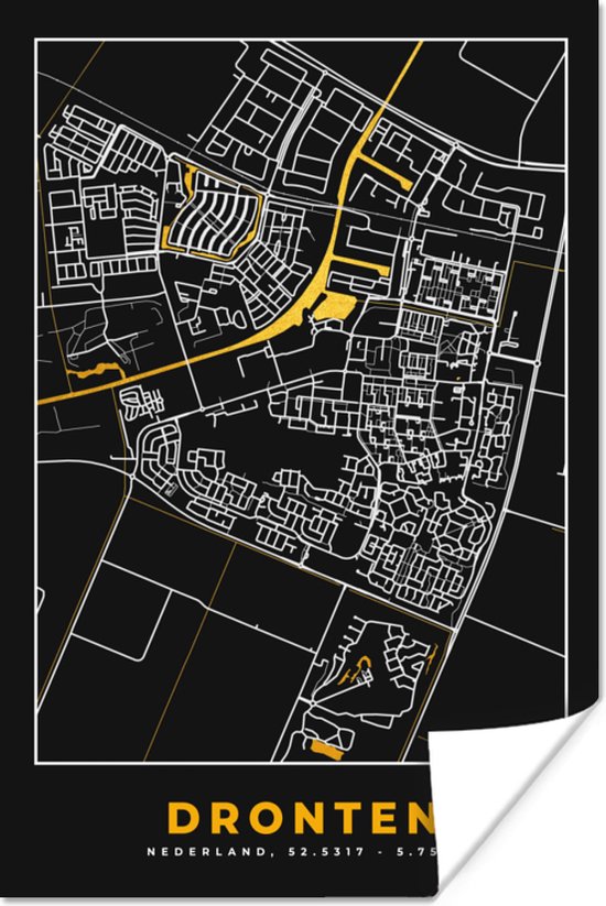 Poster Dronten - Black and Gold - Stadskaart - Kaart - Plattegrond ...