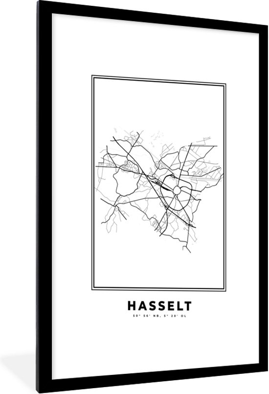 Cadre photo avec affiche Zwart Wit- België - Hasselt - Plan de la ville ...