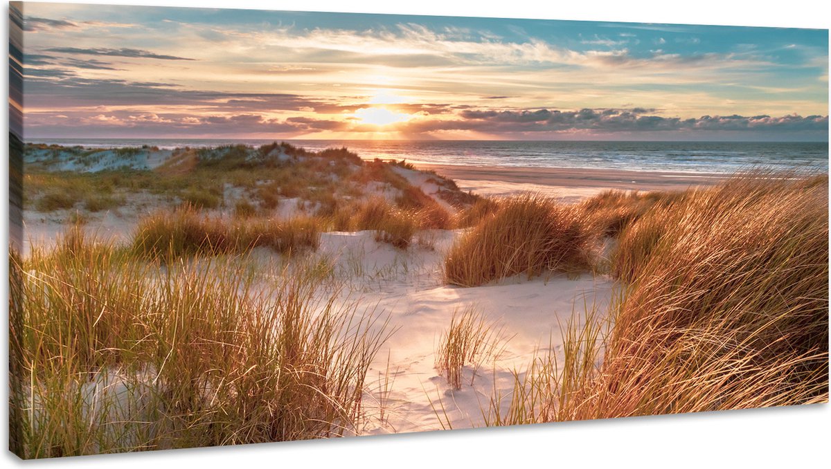 Schilderij - Ondergaande zon op het strand, Premium print, 90x50cm ...