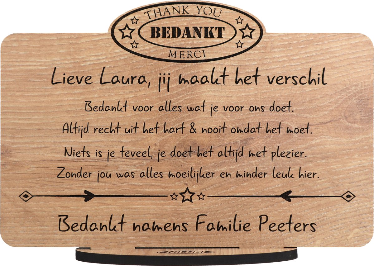 Bedankt - gepersonaliseerde houten wenskaart - kaart van hout om iemand ...