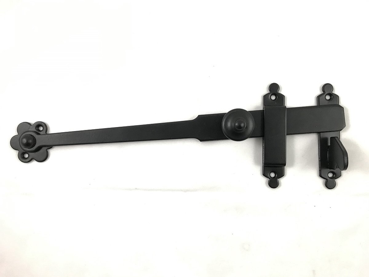 Een grendel, slot voor op de poort, valslot, zwart, gemaakt van zwaar ...