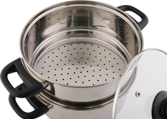 Stoompan - Stoommandje - Stoofpan met Deksel - 3 Laags - Zilver met ...