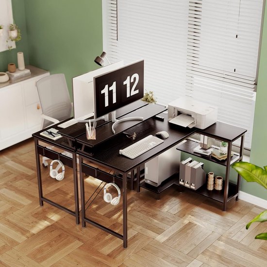 Hoekbureau zwart, L-vormig bureau met rek, omkeerbaar, gamingtafel, L ...