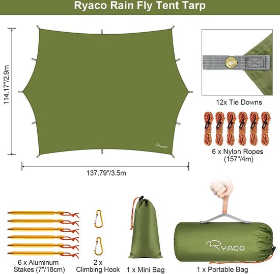 Ryaco Outdoor Tentzeil - Campingzeil - Zonnescherm met Opbergtas - Waterdicht -... | bol