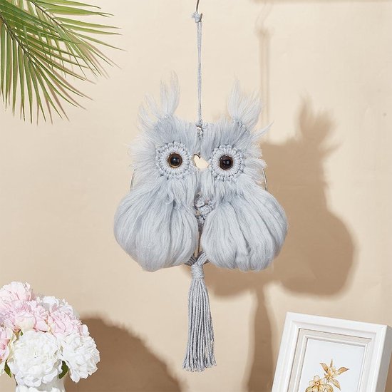 Pluche grijze uil DIY macramé muur opknoping kit - beginners kit met ...