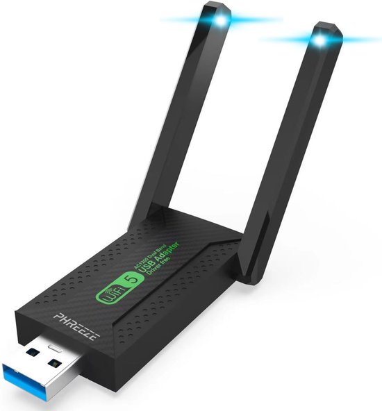 WiFi Adapter USB - Tot 1300 MB/s - Stabiele Wi-Fi Dongle met 2 Antennes ...