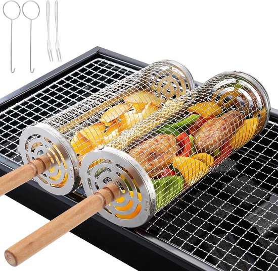 BBQ Grill Basket Stainless Steel Rolling Vegetable Grill Basket ...
