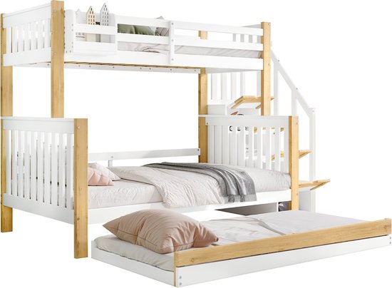 Merax Stapelbed met Uittrekbed en Opbergruimte - 90x200 & 120x200 cm ...