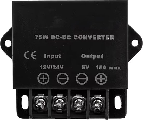 DC-DC Converter 12-24V naar 5V - 15A - 75W - Spanningsomvormer - Zwart ...
