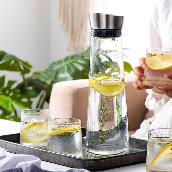2 stuks waterkaraf 1 liter met deksel - glazen karaf roestvrij staal ...