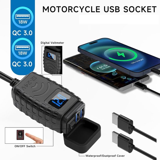 Motorfiets USB-lader met schakelaar en led-spanningssensor - Quick ...