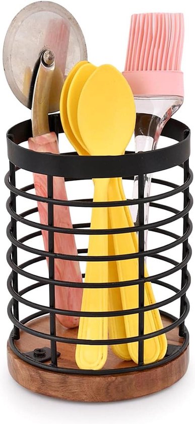 Ijzeren keukengerei houder met acacia houten basis - Zwart - Ronde ...
