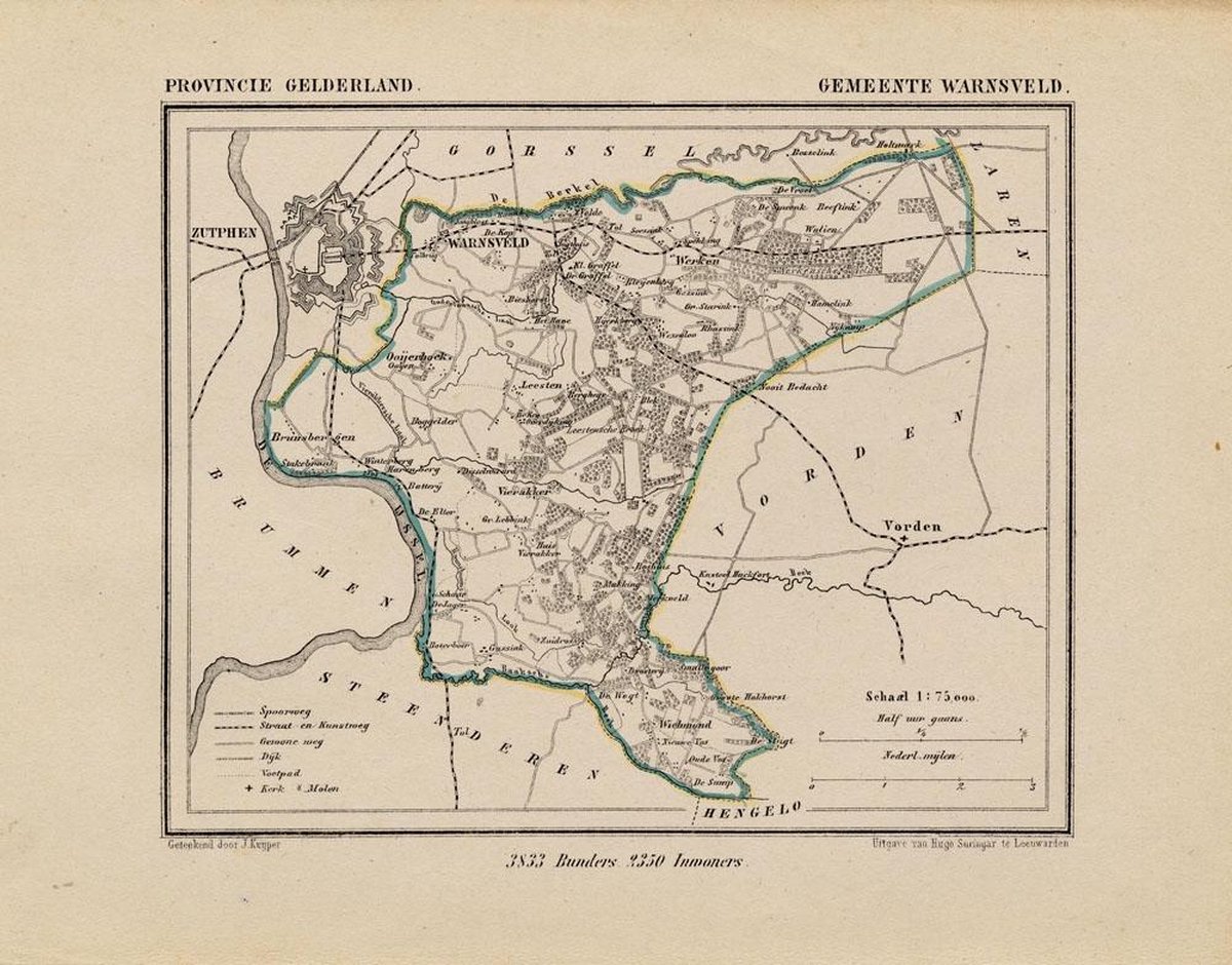 Historische kaart, plattegrond van gemeente Warnsveld in Gelderland uit ...