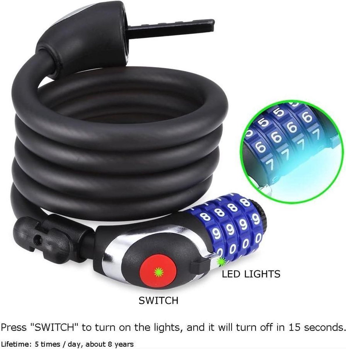 FIETSSLOT CIJFERSLOT - ZINAPS Fietsslot met LED-licht, 1.2m Lange ...