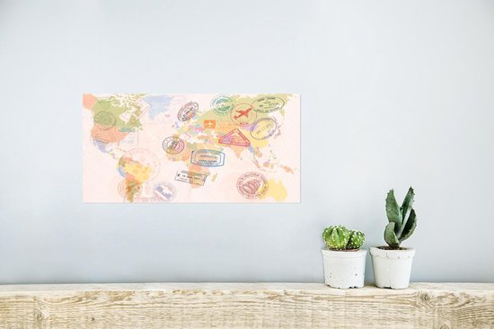 Wereldkaart Muur - Wereldkaart - Stempels - Kleuren - 40x20 cm - Poster ...