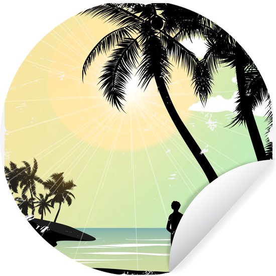 WallCircle - Muurstickers - Behangcirkel - Strand - Zon - Palmboom - Surfen - 30x30 cm... | bol.com