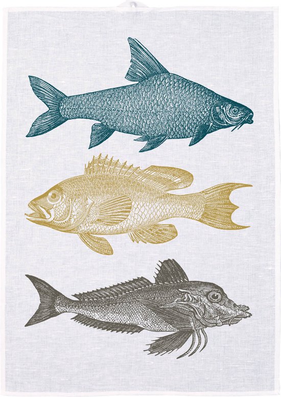 Halflinnen theedoek met drie vissen van Frohstoff | bol