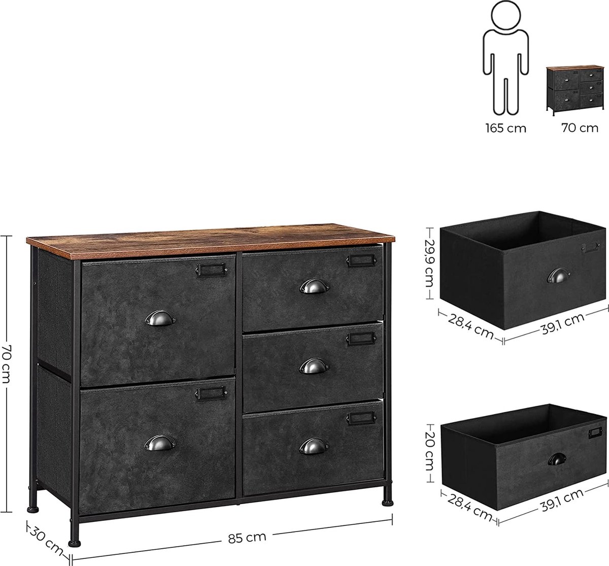 Commode, kast met 5 stoffen laden, stalen frame, voor woonkamer ...