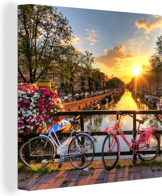 Canvas - Amsterdam - Fiets - Bloemen - Zon - Roze - Woonkamer ...