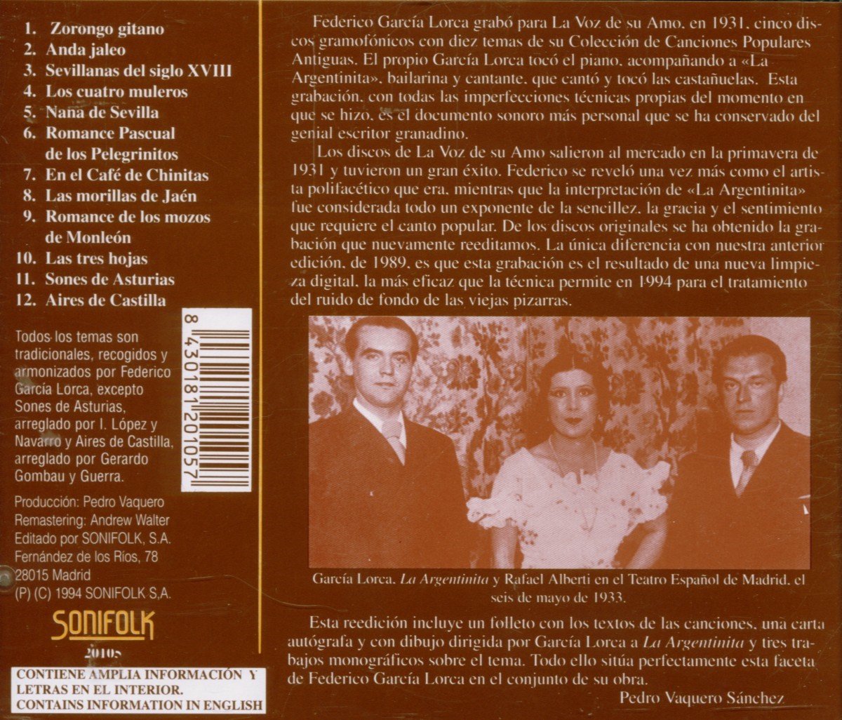 Federico Garcia Lorca - Canciones Populares Espanolas (CD), Federico ...