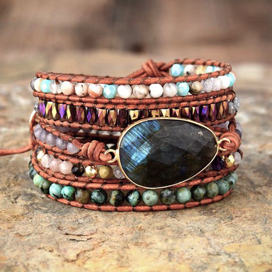 Marama - wikkel armband River - bruin leer - edelsteen labradoriet - 83 ...