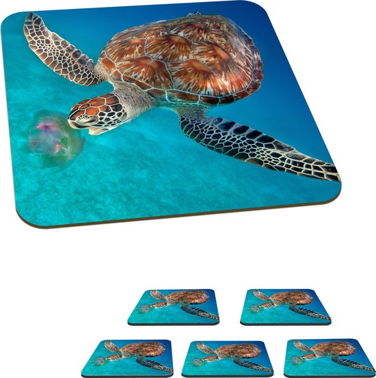 Onderzetters voor glazen - Groene schildpad met kwal - 10x10 cm ...