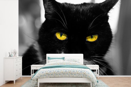 Behang - Fotobehang Zwart-wit foto van de kop van een zwarte kat met ...