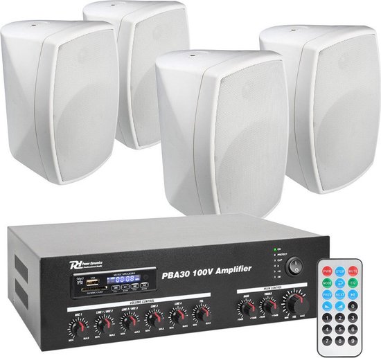 Power Dynamics PBA30 100V geluidsinstallatie met 4 witte weerbestendige ...