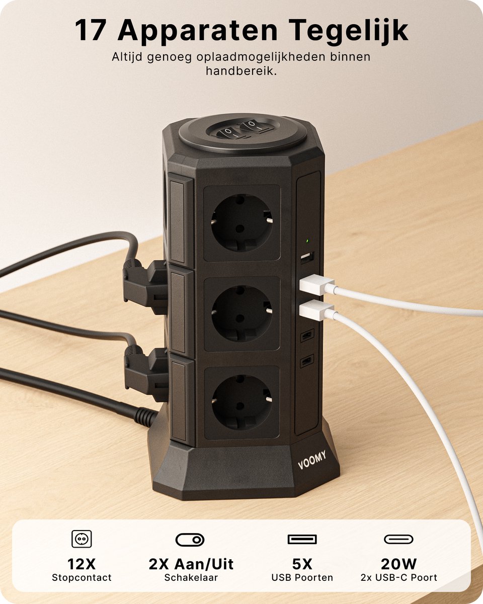 Voomy Toren 2.0 Stekkerdoos met USB-C 20W Snellader - 12 Stopcontacten ...