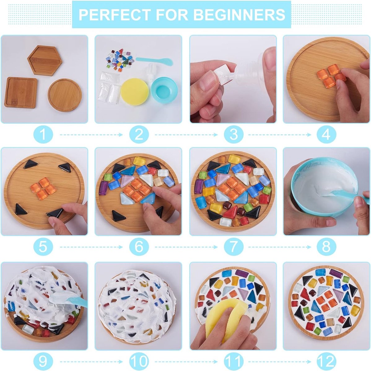 3 stuks porseleinen mozaïek-tegel-mozaïekset met houten onderzetters ...