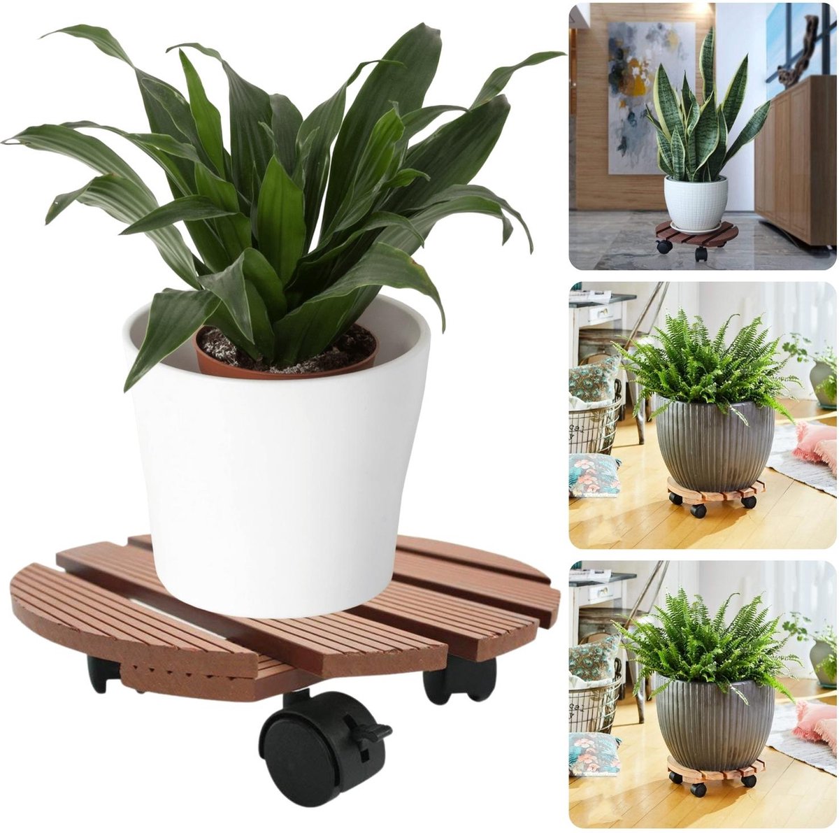 Cheqo® Houten Plantentrolley - Bruin - Ø29 cm - 100 kg Draagvermogen ...