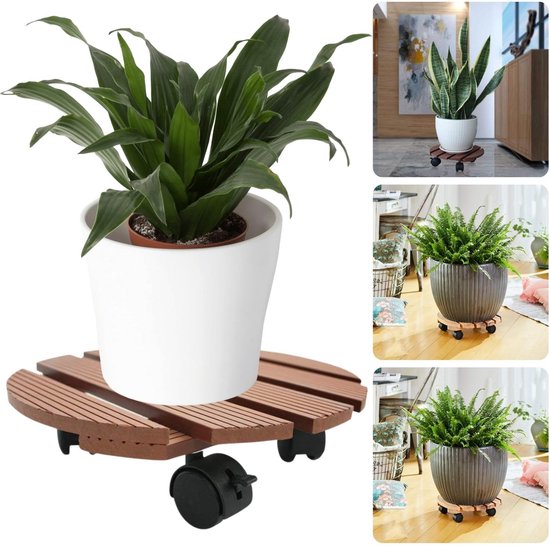Houten Plantentrolley - Bruin - Ø29 cm - 100 kg Draagvermogen - Met ...