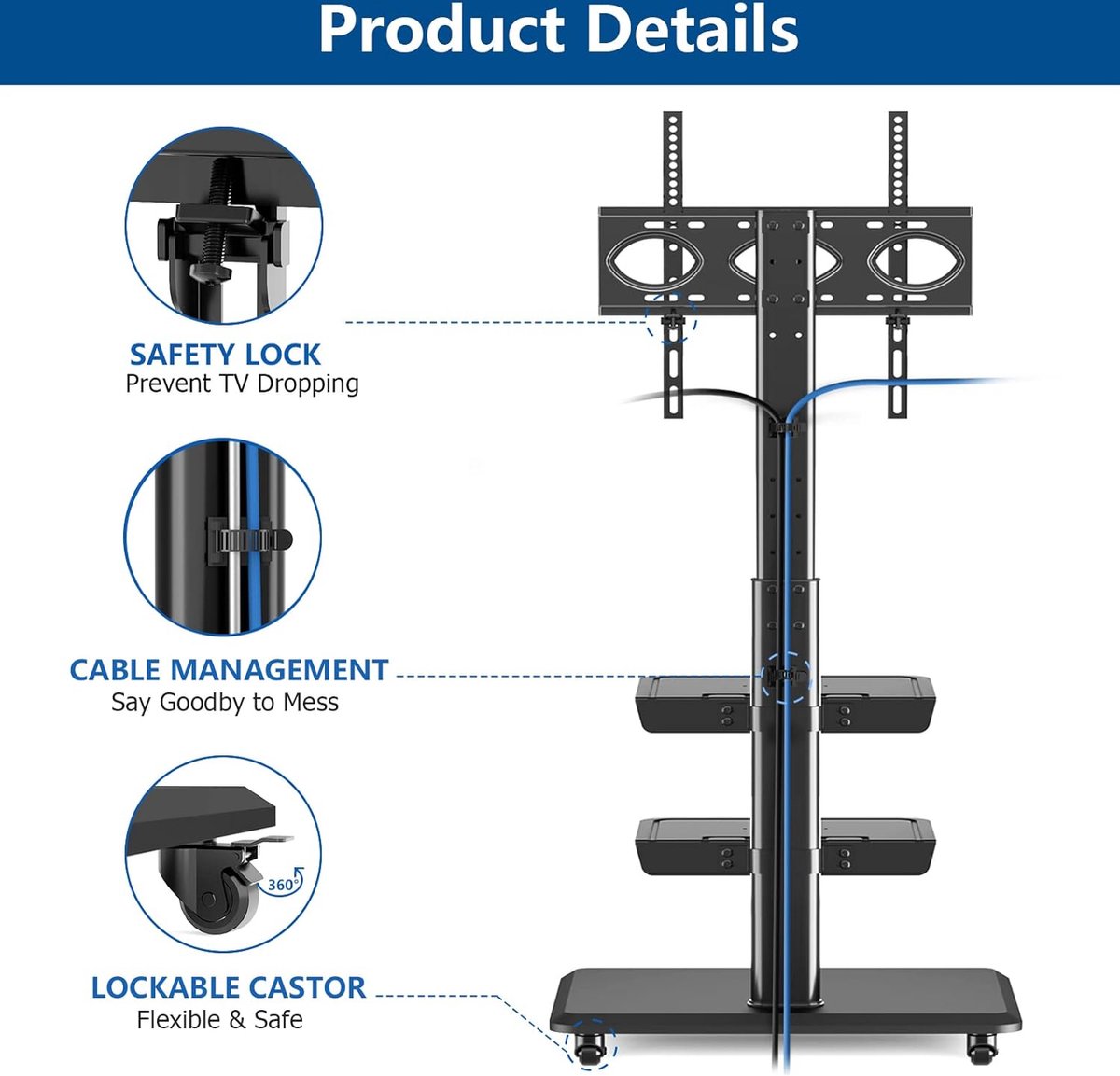 Support TV enroulable, support TV, support au sol, chariot TV avec ...
