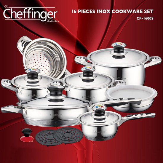 Cheffinger CF-1600S: 16-Delige Roestvrijstalen (Inox) Pannenset - Pannenset Inductie -... | bol