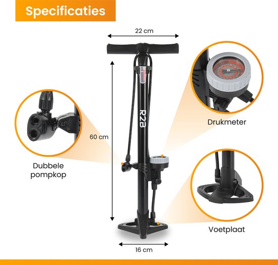 R2B Fietspomp met Drukmeter - Dubbele Ventielkop - Incl. Opzetstuk voor ...